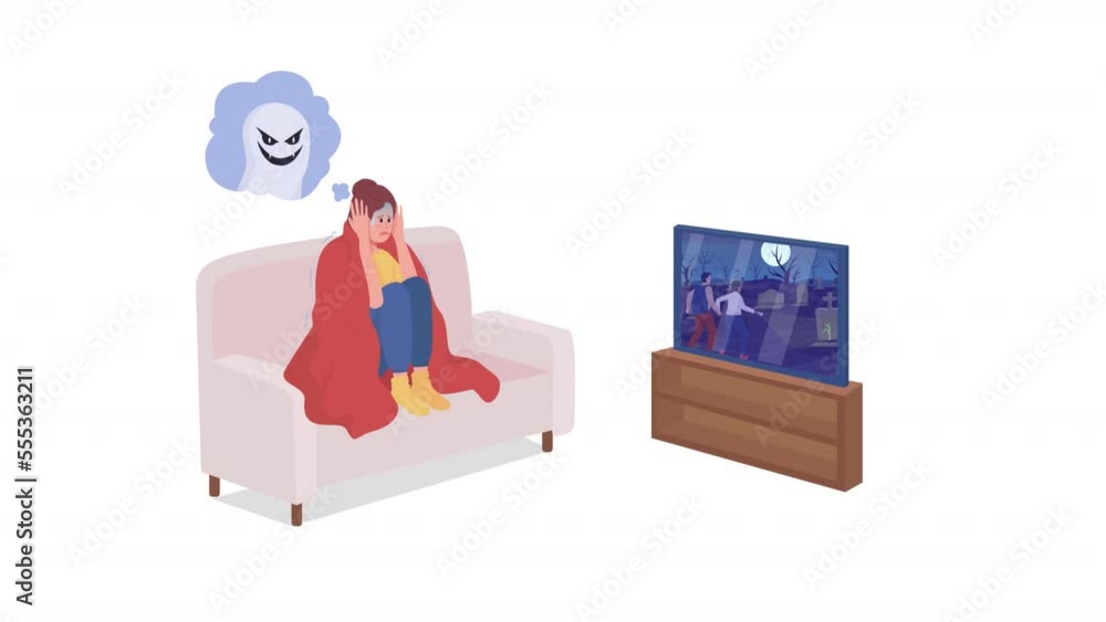 Animated terrified female character. Watching scary film alone. Full ...