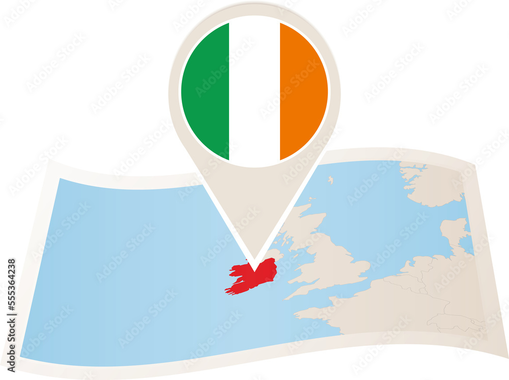 Folded paper map of Ireland with flag pin of Ireland. Stock ...