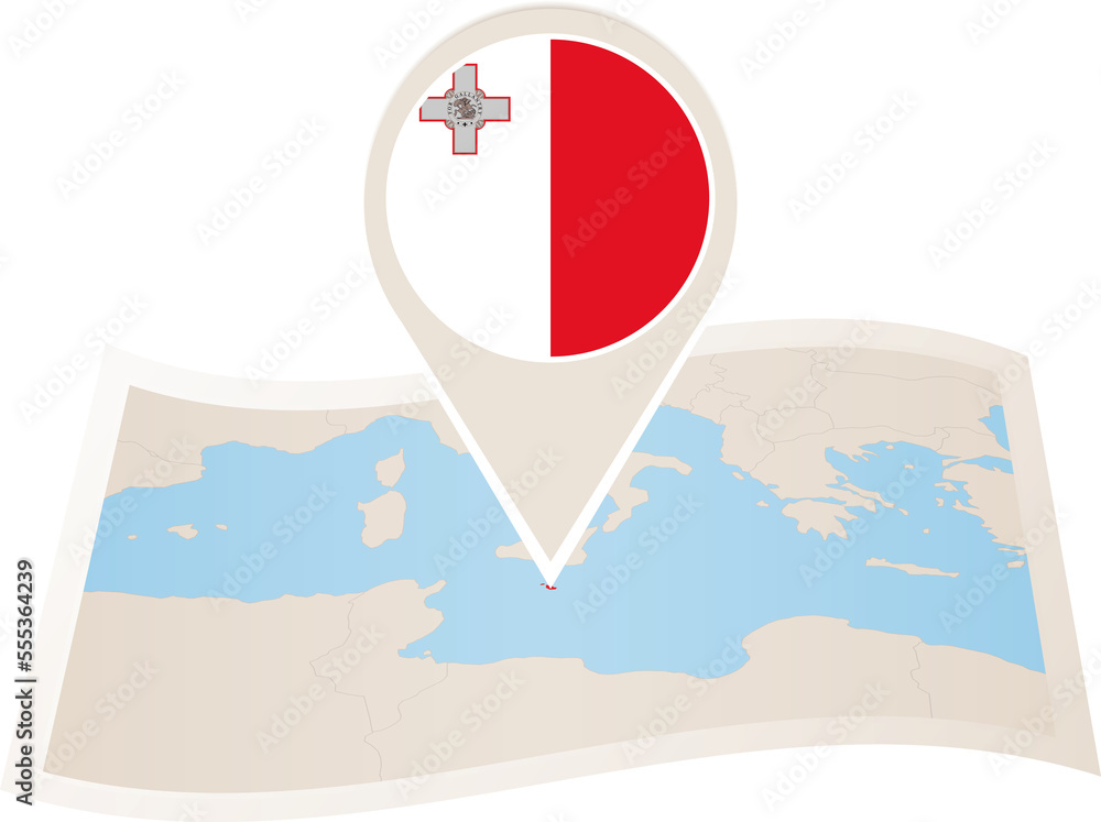 Folded paper map of Malta with flag pin of Malta. Stock Illustration ...