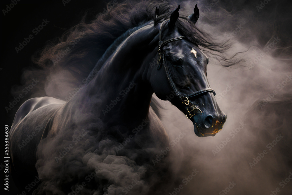 portrait of a black horse in the smoke, black, dark, mysterious ...