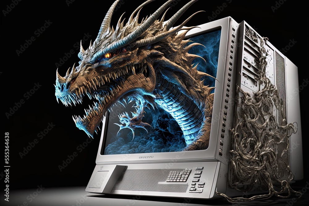 Animated dragon on the screen of a computer. Generative AI Stock ...