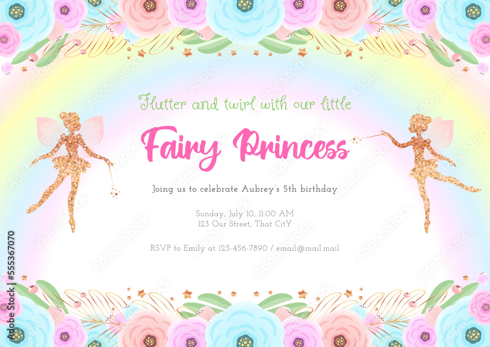 Fairy birthday party invitation template. Gold sparkling silhouette of ...