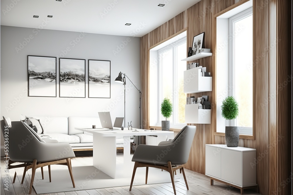 Wooden manage room with white armchairs and table with computer. Office ...