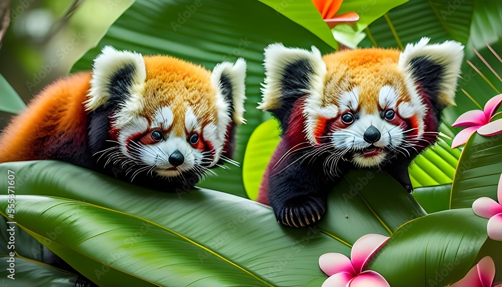 Сute baby Red panda peeking out in hawaii jungle with plumeria flowers ...