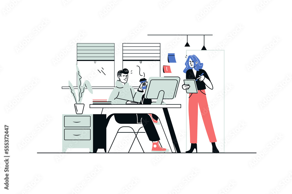 Workflow in office concept in flat line design. Man and woman working ...