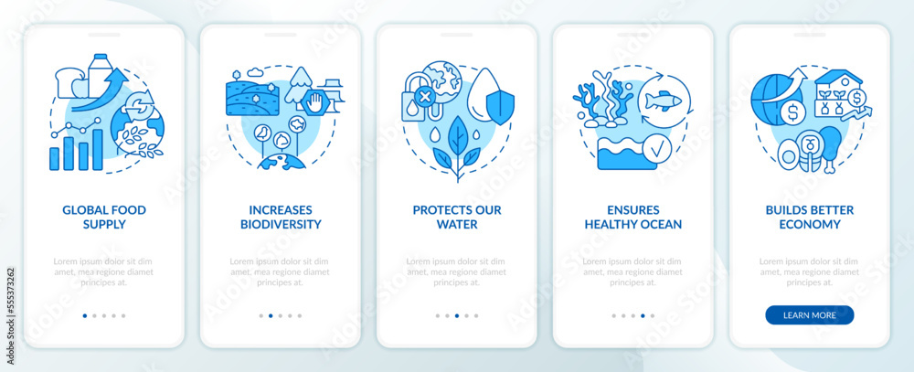 Regenerative food blue onboarding mobile app screen. Benefits ...