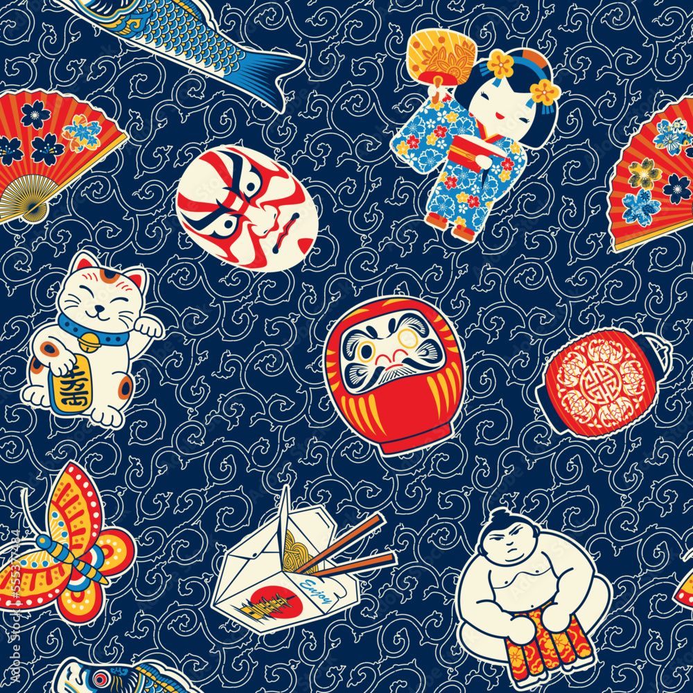 Cute Japanese icon and symbol stickers with kareakusa fabric background ...