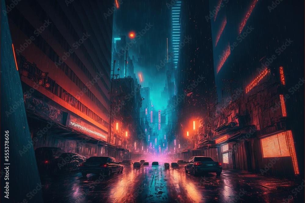 Night neon city, reflection of neon light on wet pavement. Dark street ...