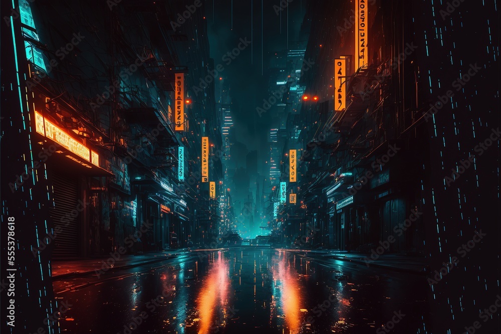 Night neon city, reflection of neon light on wet pavement. Dark street ...