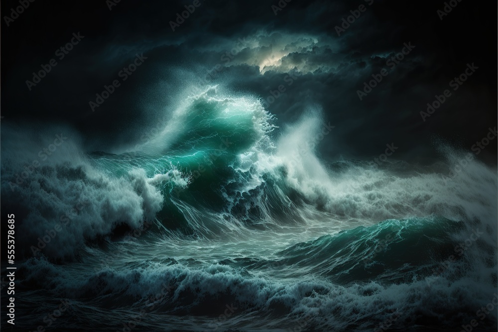 Night sea dramatic landscape with a storm. Night storm on the ocean ...