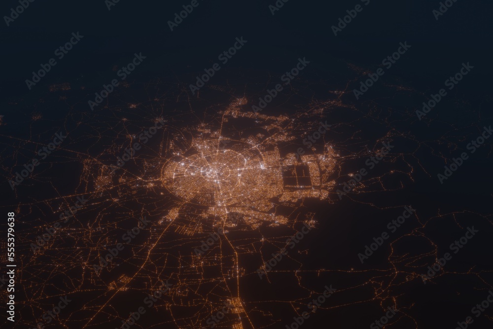 Aerial shot of Erbil (Iraq) at night, view from south. Imitation of ...