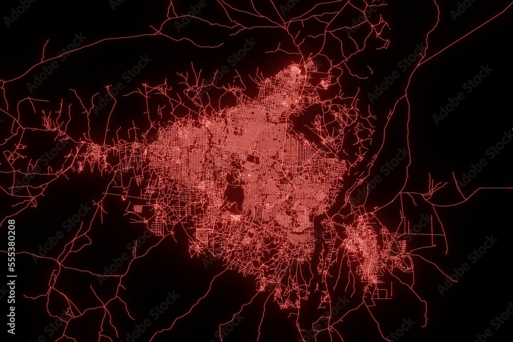 Street map of Juba (South Sudan) made with red illumination and glow ...