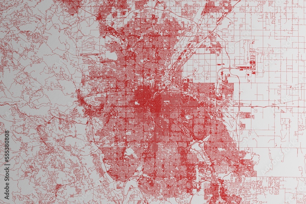 Map of the streets of Denver (Colorado, USA) made with red lines on ...