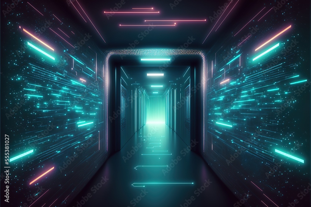 Abstract light tunnel, corridor with neon light. Hi-tech sci-fi ...