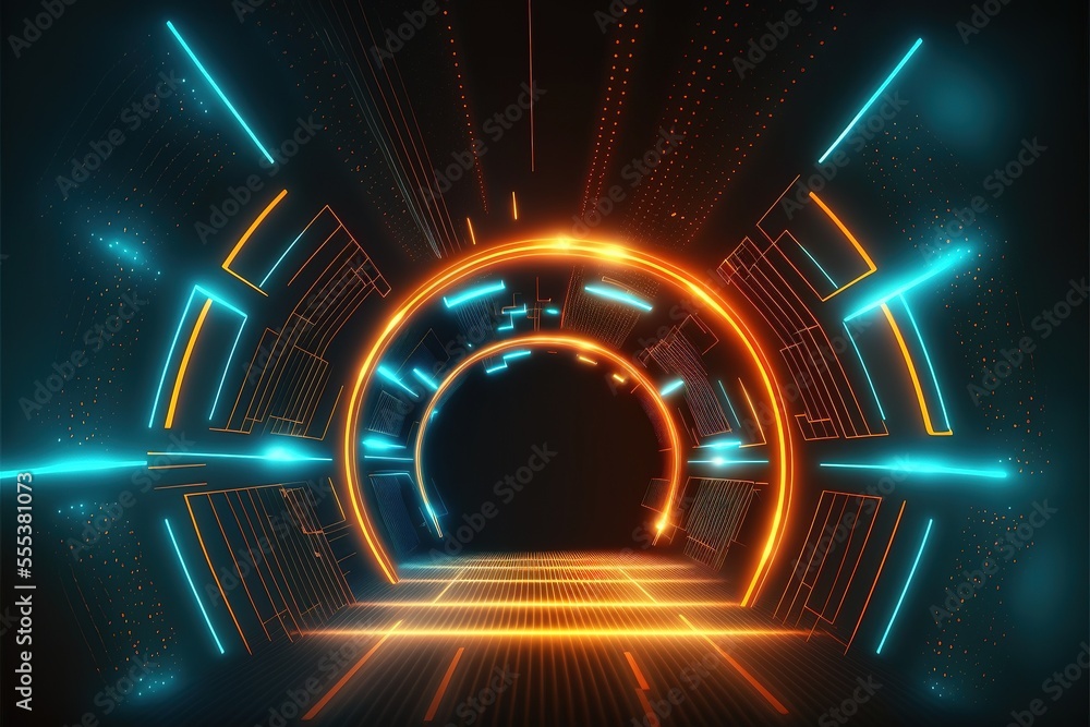 Abstract light tunnel, corridor with neon light. Hi-tech sci-fi ...