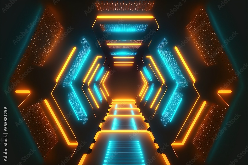 Abstract light tunnel, corridor with neon light. Hi-tech sci-fi ...