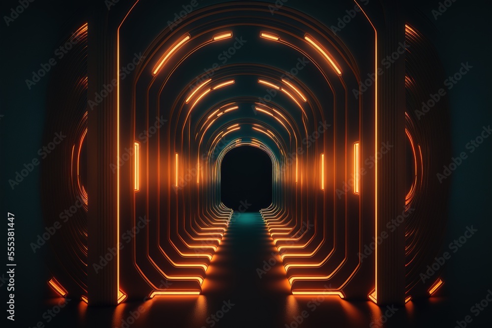 Abstract light tunnel, corridor with neon light. Hi-tech sci-fi ...