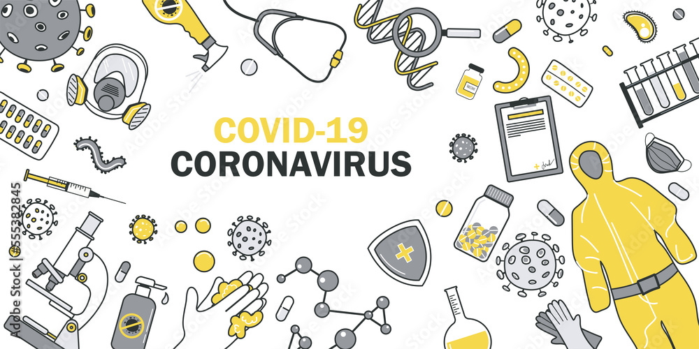Covid-19 Coronavirus concept for banner design with flat line doodle ...