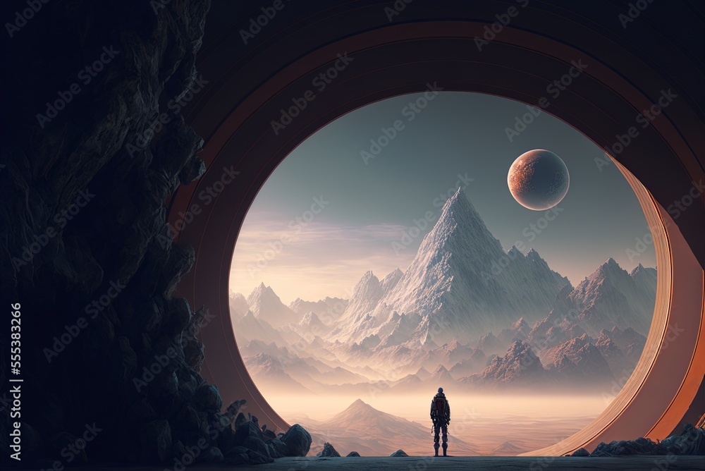 A mountain and hall in the future, with a planet in the distance for ...