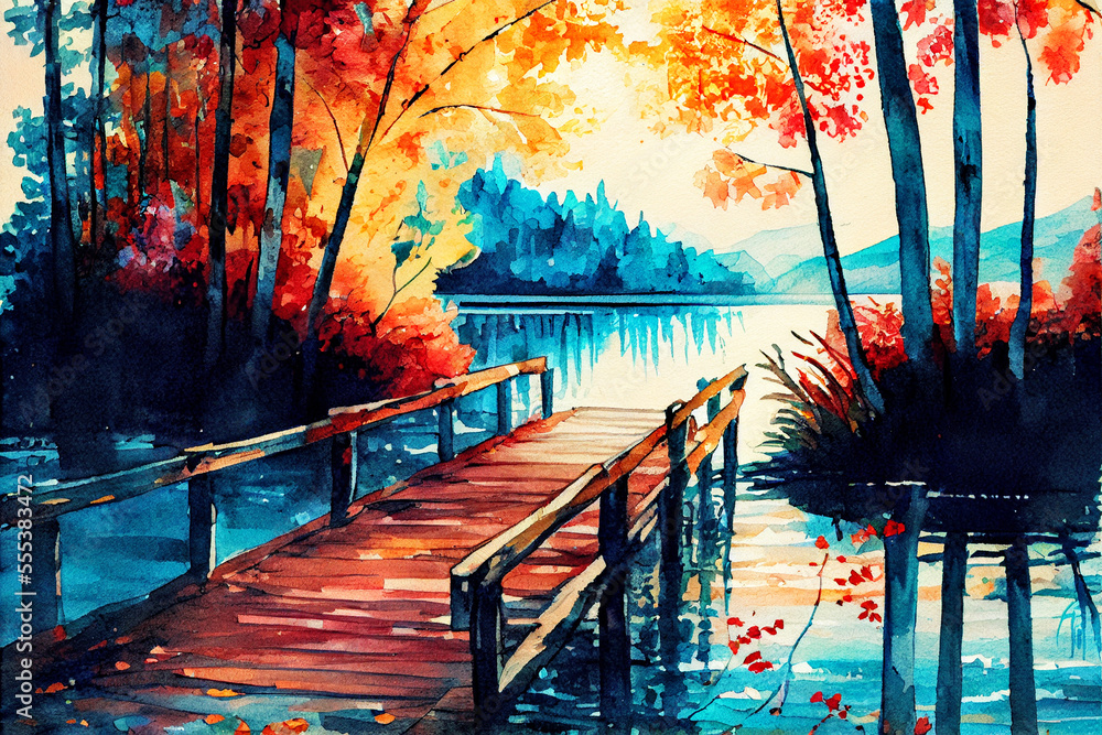 Watercolor drawing of Beautiful view of lake with Wooden boardwalk ...