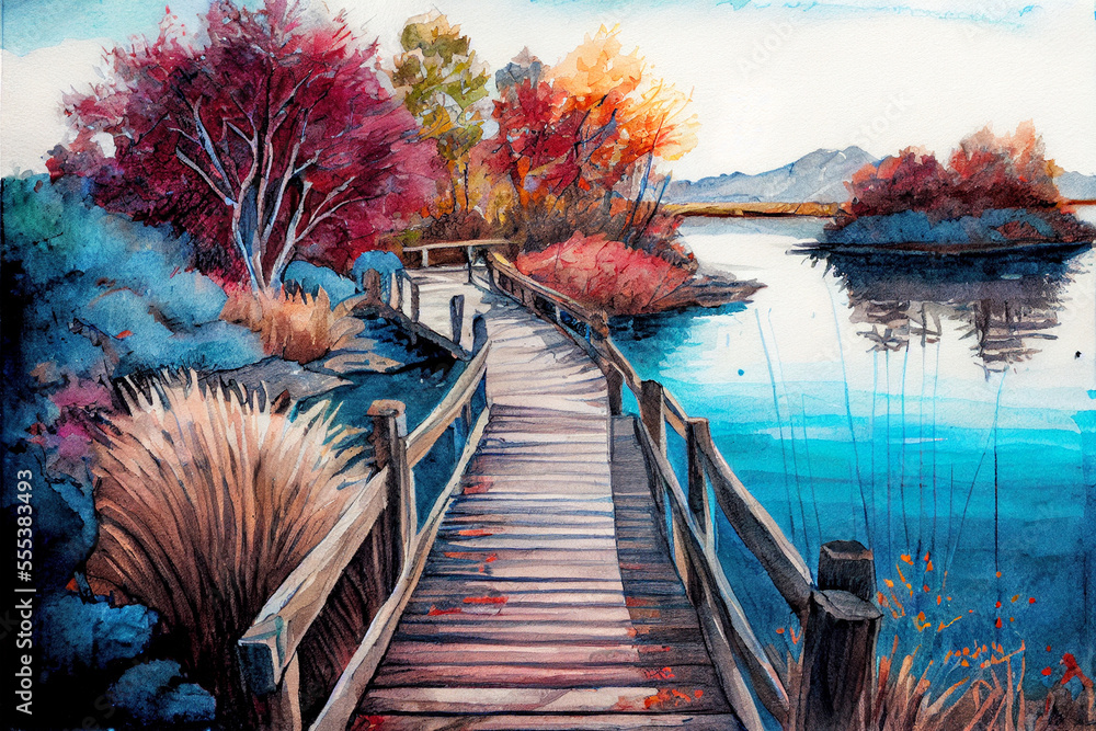 Watercolor drawing of Beautiful view of lake with Wooden boardwalk ...