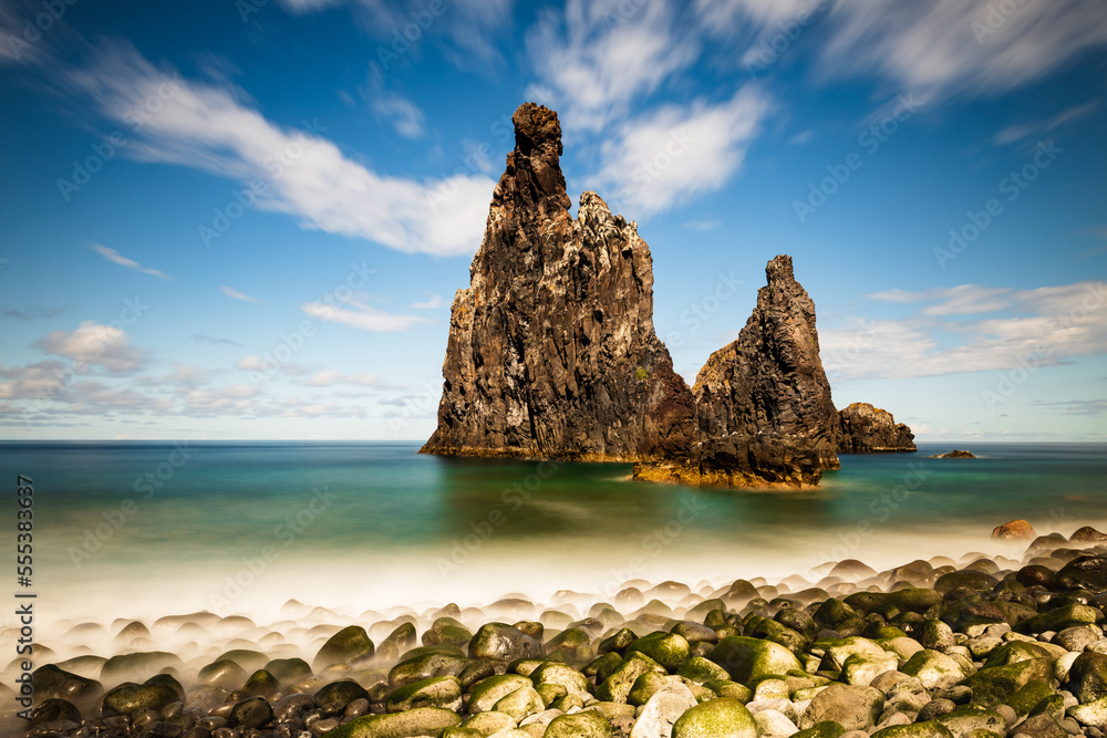 lava rocks in the Atlantic Ocean, island towers in Ribeira da Janela ...