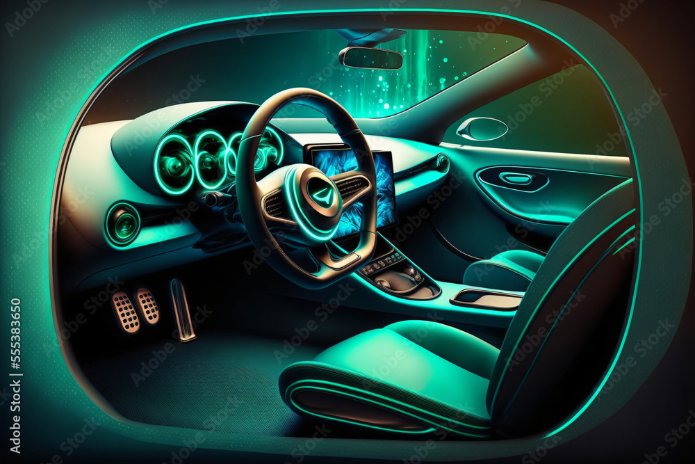 modern car interior with glowing green neon lights, fictional car made ...