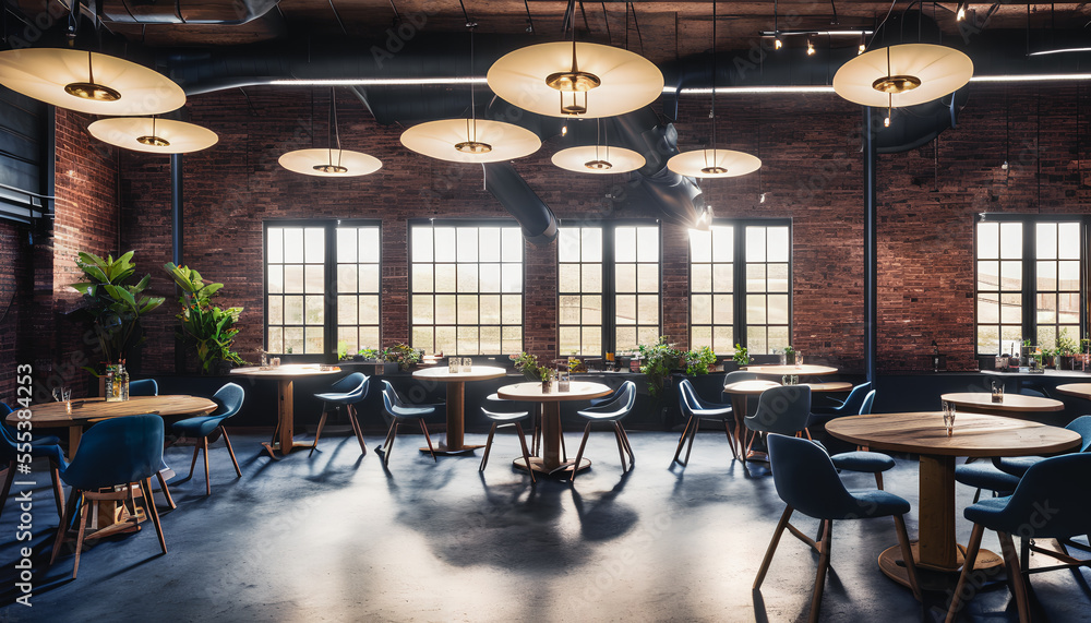 Restaurant located in a loft space. The high ceilings and industrial ...