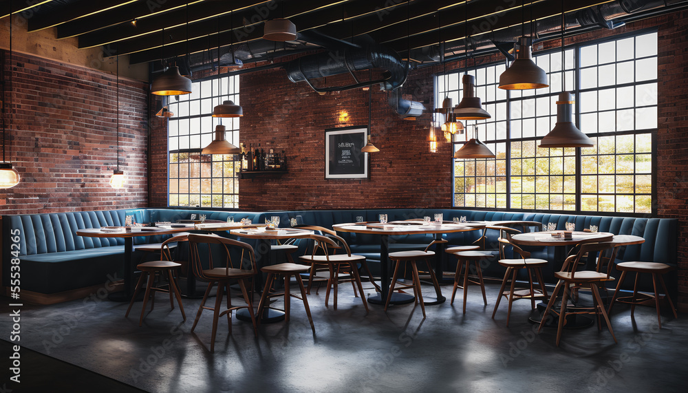 Restaurant located in a loft space. The high ceilings and industrial ...