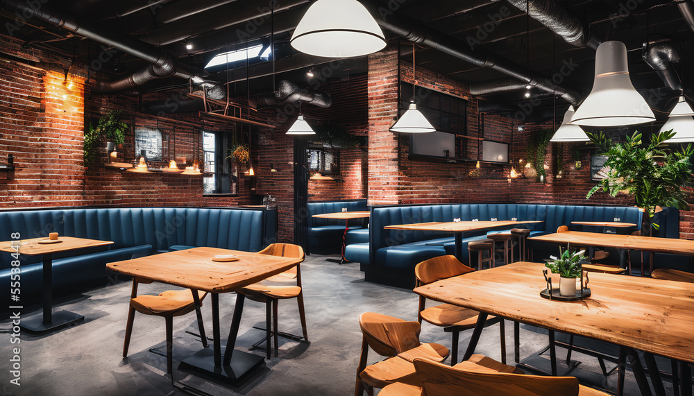 Restaurant located in a loft space. The high ceilings and industrial ...