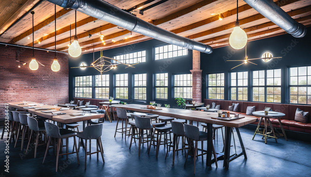 Restaurant located in a loft space. The high ceilings and industrial ...
