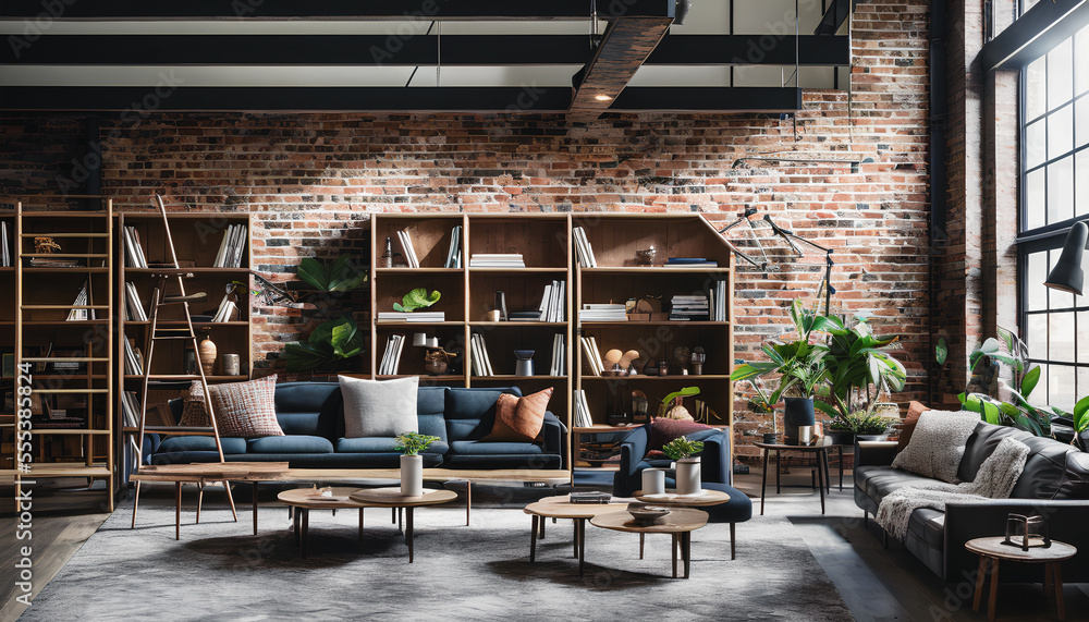 Library located in a loft space. The high ceilings and industrial-style ...