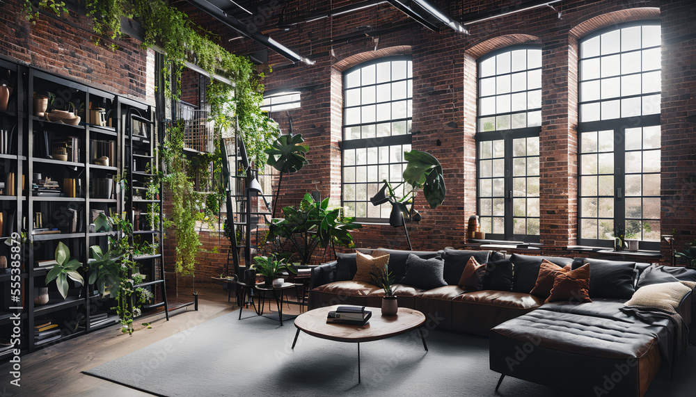 Library located in a loft space. The high ceilings and industrial-style ...