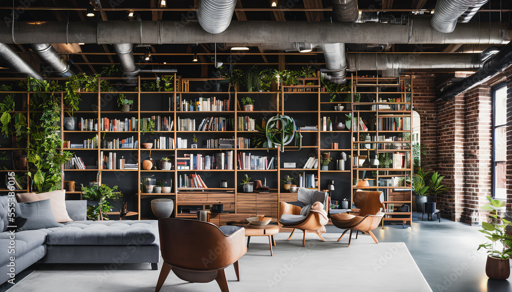 Library located in a loft space. The high ceilings and industrial-style ...