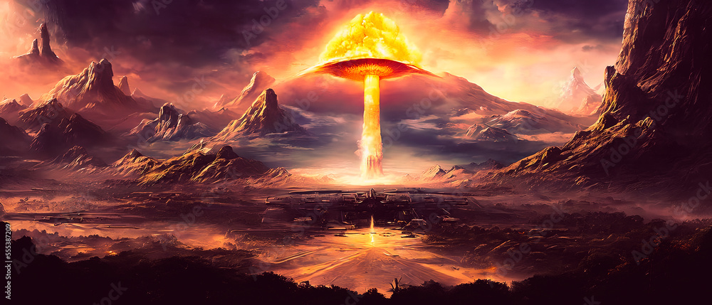 This painting depicts the aftermath of an atomic bomb explosion in a ...