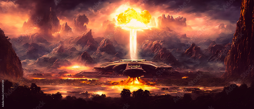 This painting depicts the aftermath of an atomic bomb explosion in a ...