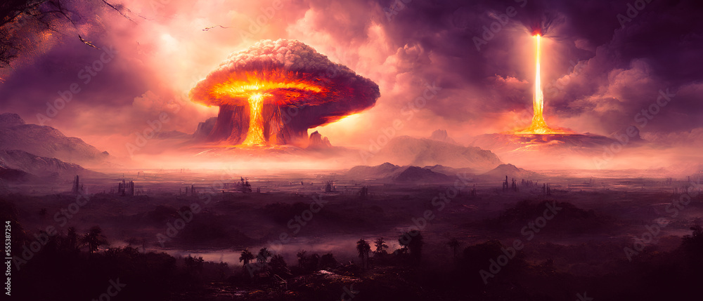 This painting depicts the aftermath of an atomic bomb explosion in a ...