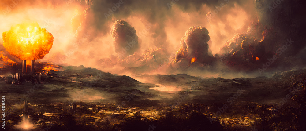 Ilustrace „This painting depicts the aftermath of an atomic bomb ...