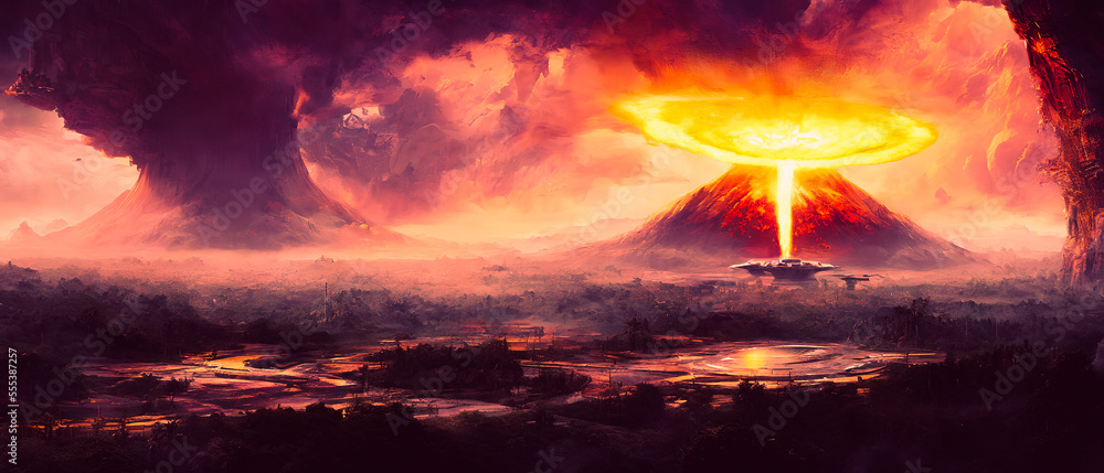 This painting depicts the aftermath of an atomic bomb explosion in a ...
