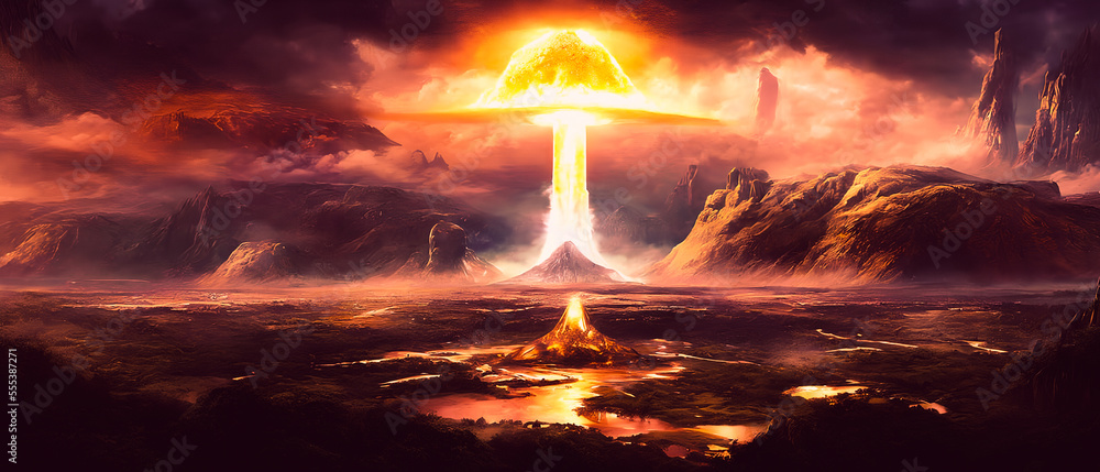 This painting depicts the aftermath of an atomic bomb explosion in a ...