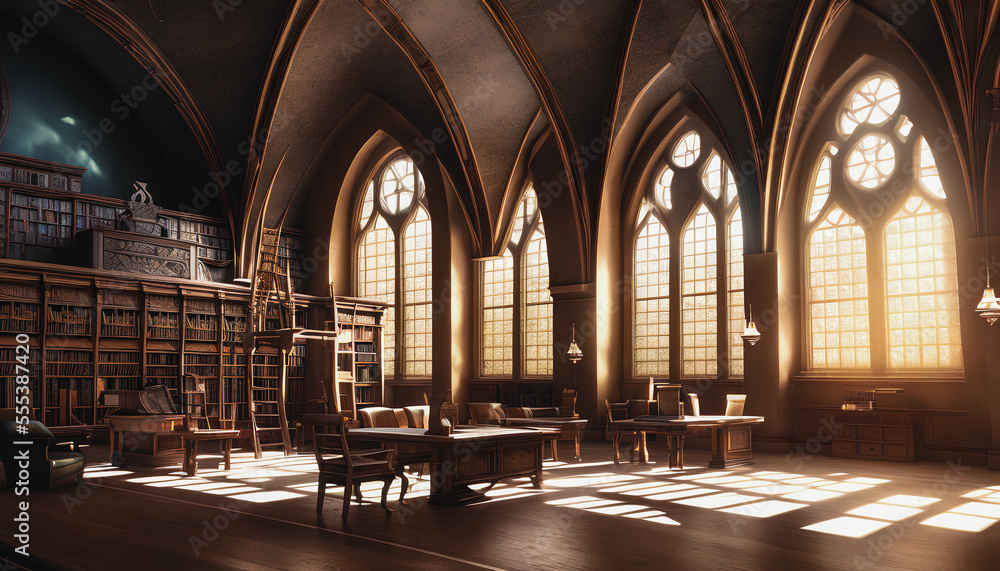 A Gothic library, featuring tall ceiling beams, is depicted in this ...
