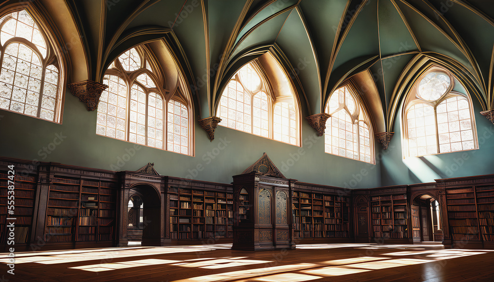 A Gothic library, featuring tall ceiling beams, is depicted in this ...