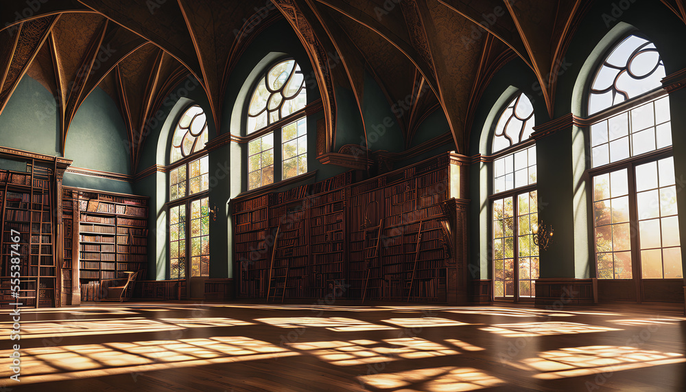 A Gothic library, featuring tall ceiling beams, is depicted in this ...