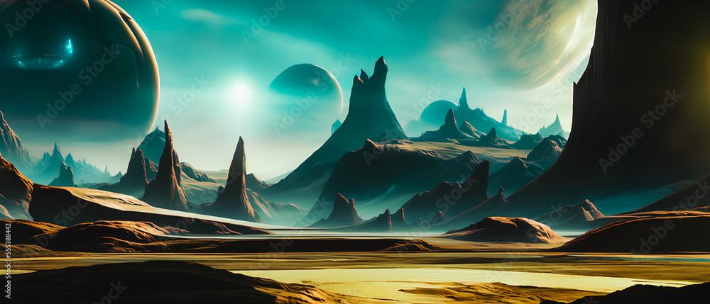 A surreal, futuristic landscape featuring otherworldly, alien terrain ...