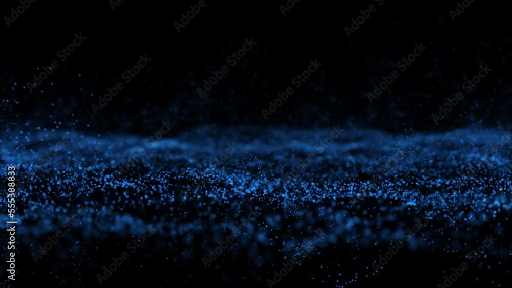 An abstract shaky oscillating surface of blue particles on a dark ...