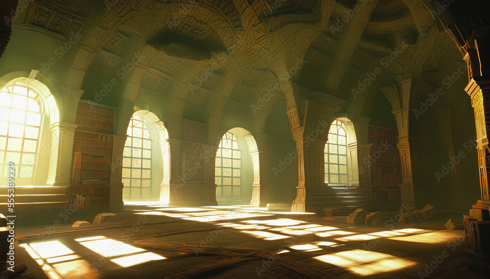 The painting depicts a historical underground ancient library, complete ...