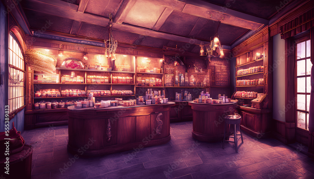 The painting depicts the interior of a store filled with magical ...