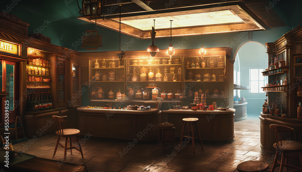 The painting depicts the interior of a store filled with magical ...