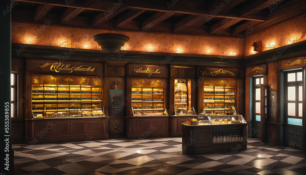 The painting depicts the interior of a store filled with magical ...