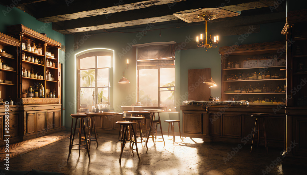 The painting depicts the interior of a store filled with magical ...